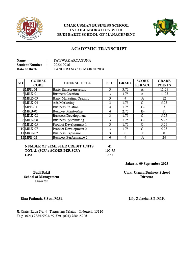 Academic Transcript: Umar Usman Business School in Collaboration With ...