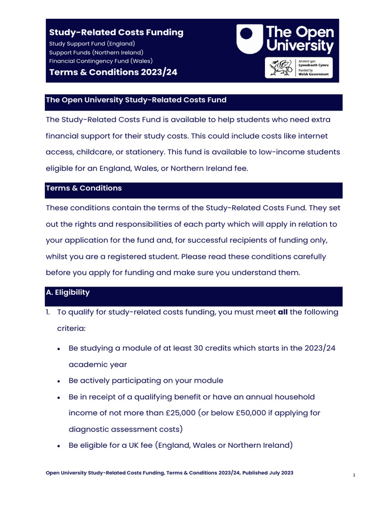 Study Related Costs Funding Terms Conditions 2023 24 | PDF
