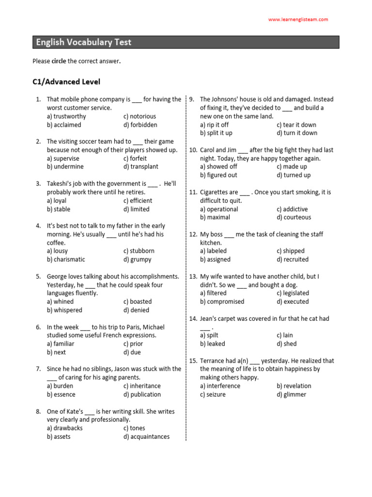 Advanced English Vocabulary Quiz | PDF | Language Arts & Discipline