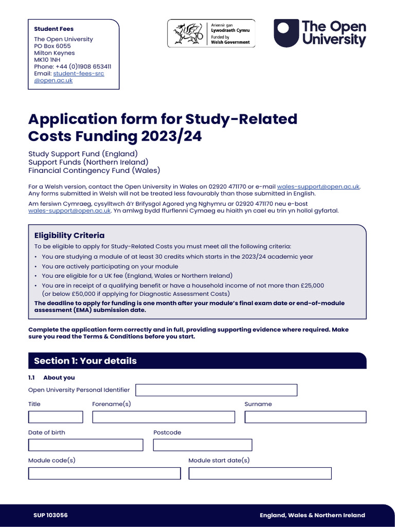 Study Related Costs Funding Application Form 2023 24 | PDF