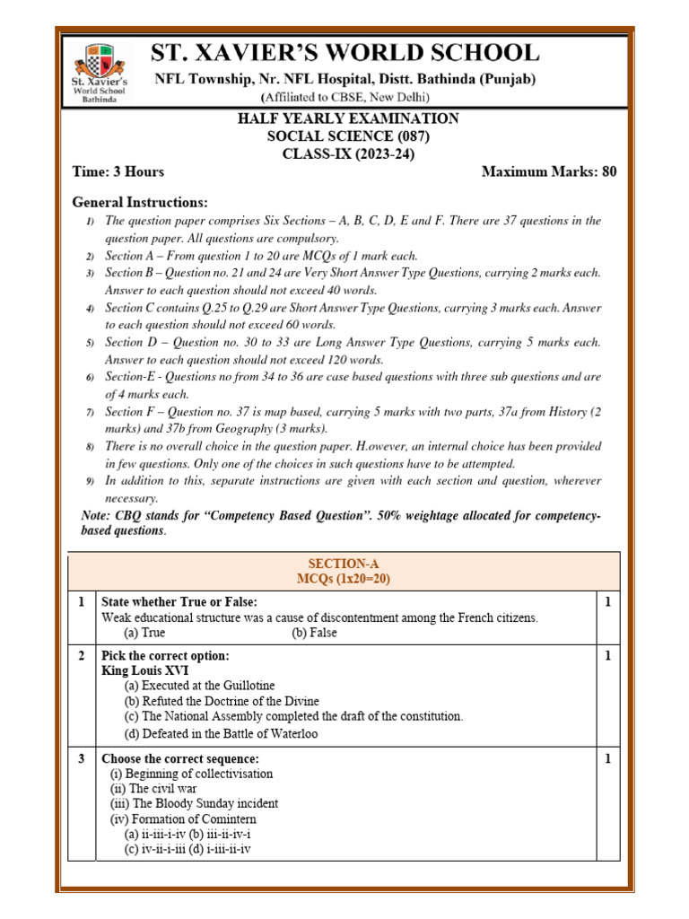 Class 9 Social Science Half Yearly Question Paper 2023-24 | PDF