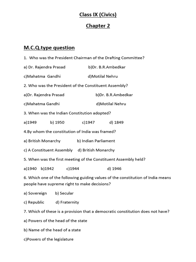 CLASS 9 SST CHAPTER - CONSTITUTIONAL DESIGN MCQ Ques | PDF