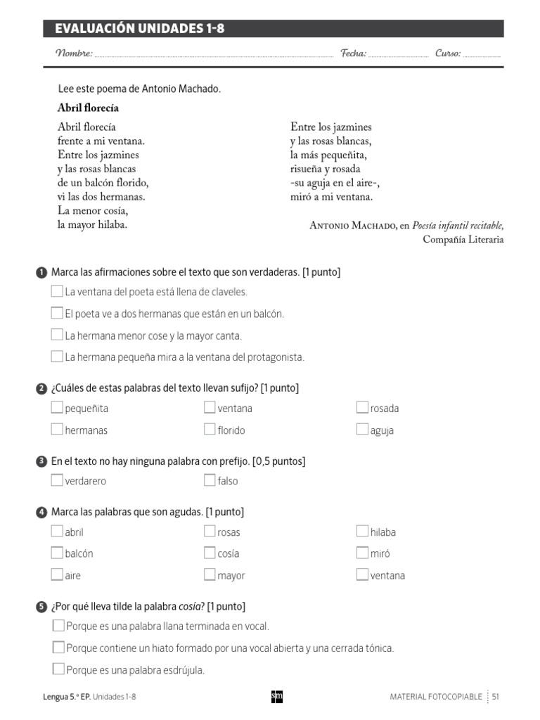 Evaluacion Unidades 1-8 | PDF | Palabra | Poesía