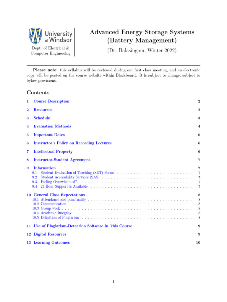 Energy Storage Systems Course Syllabus | PDF