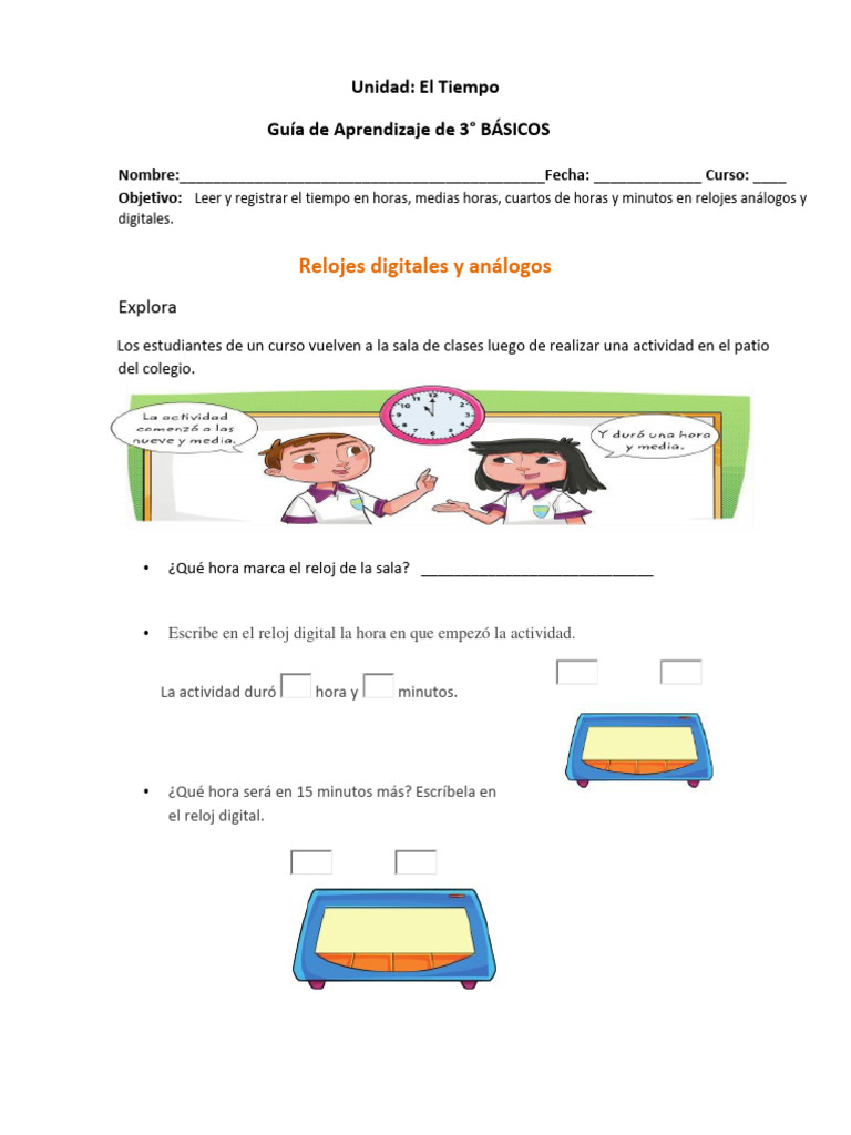 GUIA DEL TIEMPO (Reloj Analogo y Digital) 3° BASICOS | PDF