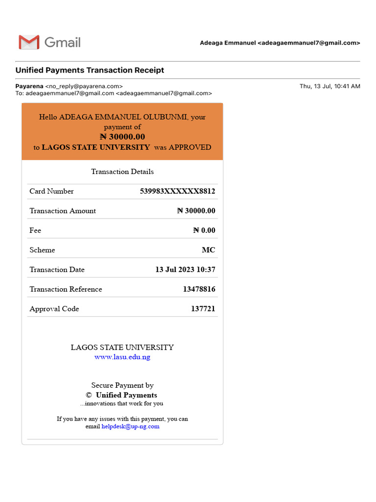 LASU Payment Receipt Confirmation | PDF