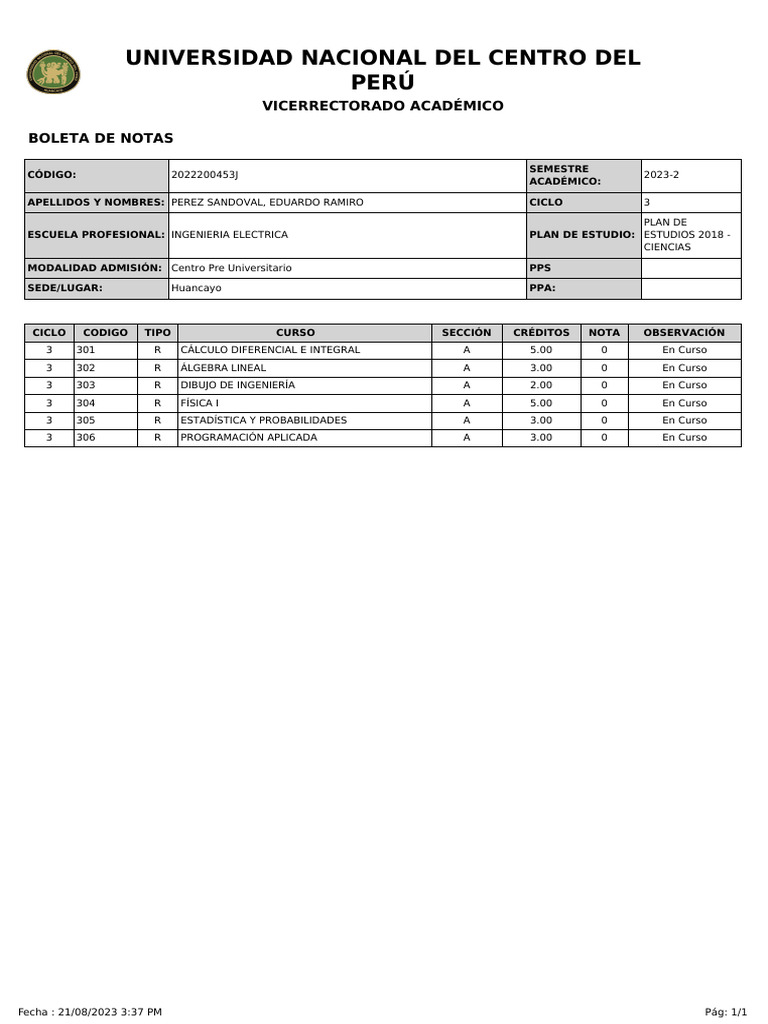 Boleta Notas 2022200453J 2023 2 | PDF
