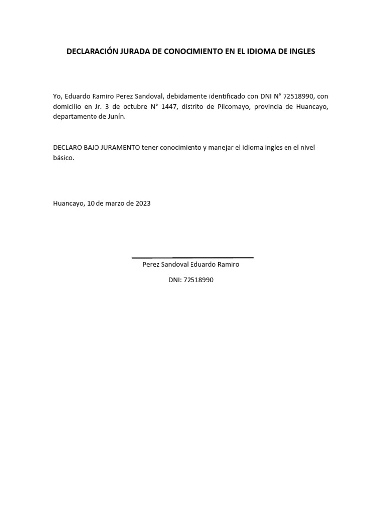 Declaración Jurada de Conocimiento en El Idioma de Ingles | PDF