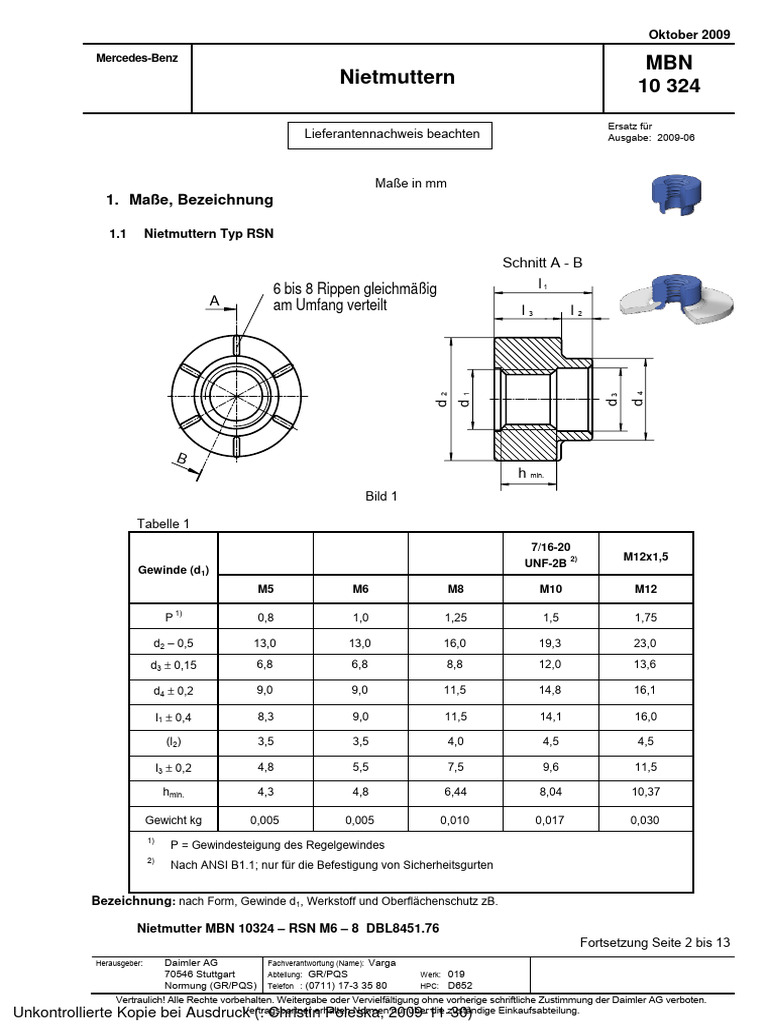 Daimler - MBN - 10324 - 10-09. Nietmuttern | PDF