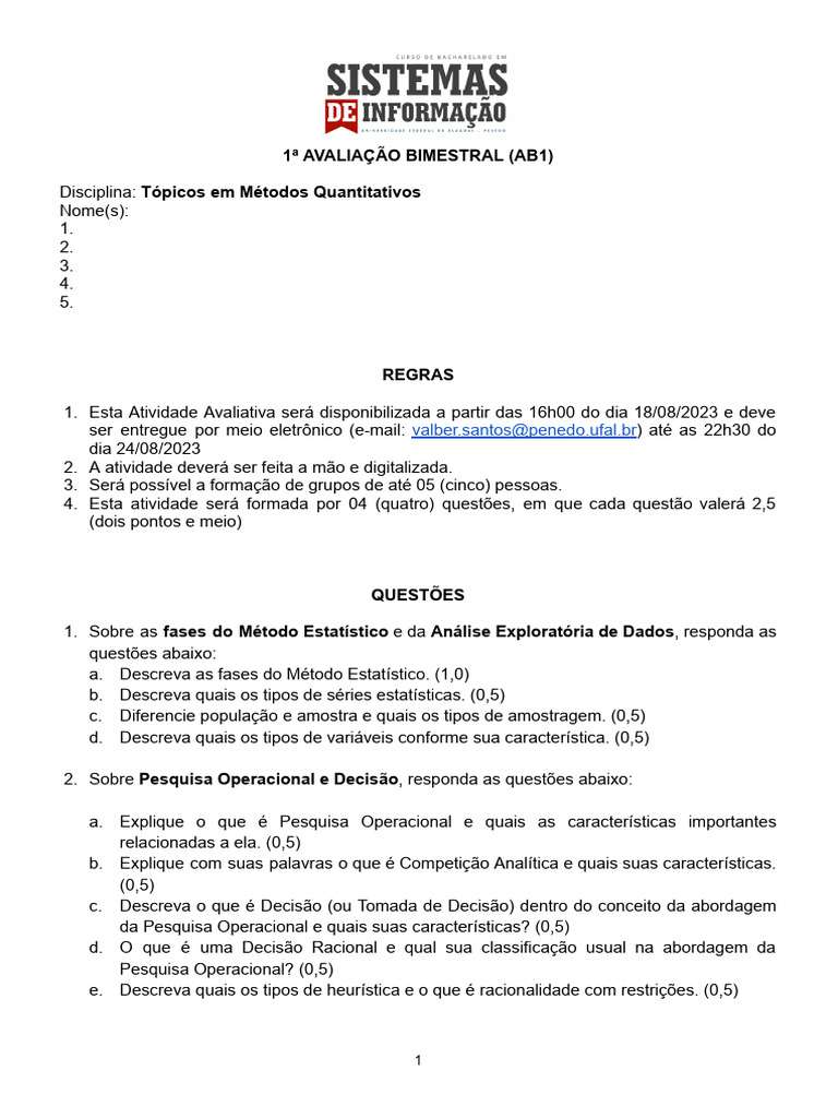 AB1 - SI - 2023.1 - Tópicos em Métodos Quantitativos - AB1 - Versão Do Aluno | PDF