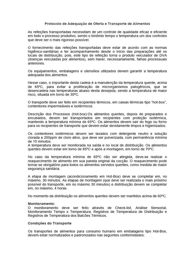 Protocolo de Transporte de Alimentos Quentes | PDF | Água | Temperatura