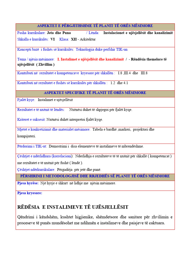 KL XII-6 Arkitkturë - Inst e Ujë Dhe Kanalizimit | PDF