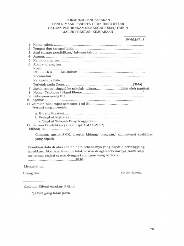 Form Pendafaran Jalur Prestasi | PDF