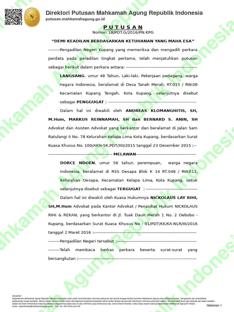 Putusan PN Kupang No. 18/PDT.G/2016 | PDF