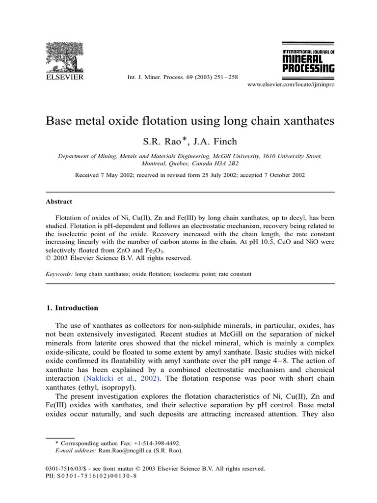 Base Metal Oxide Flotation with Xanthates | PDF | Nickel | Iron