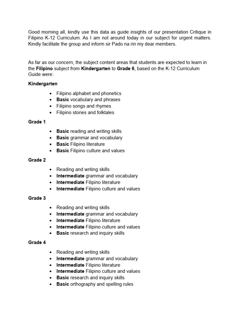 Critique Presentation Filipino Curriculum Group | PDF | Literacy ...