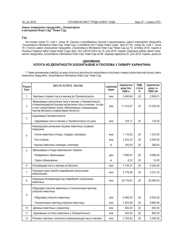 Cenovnik JKP Zoohigijena I Veterina Novi Sad - SL-37-2019 | PDF