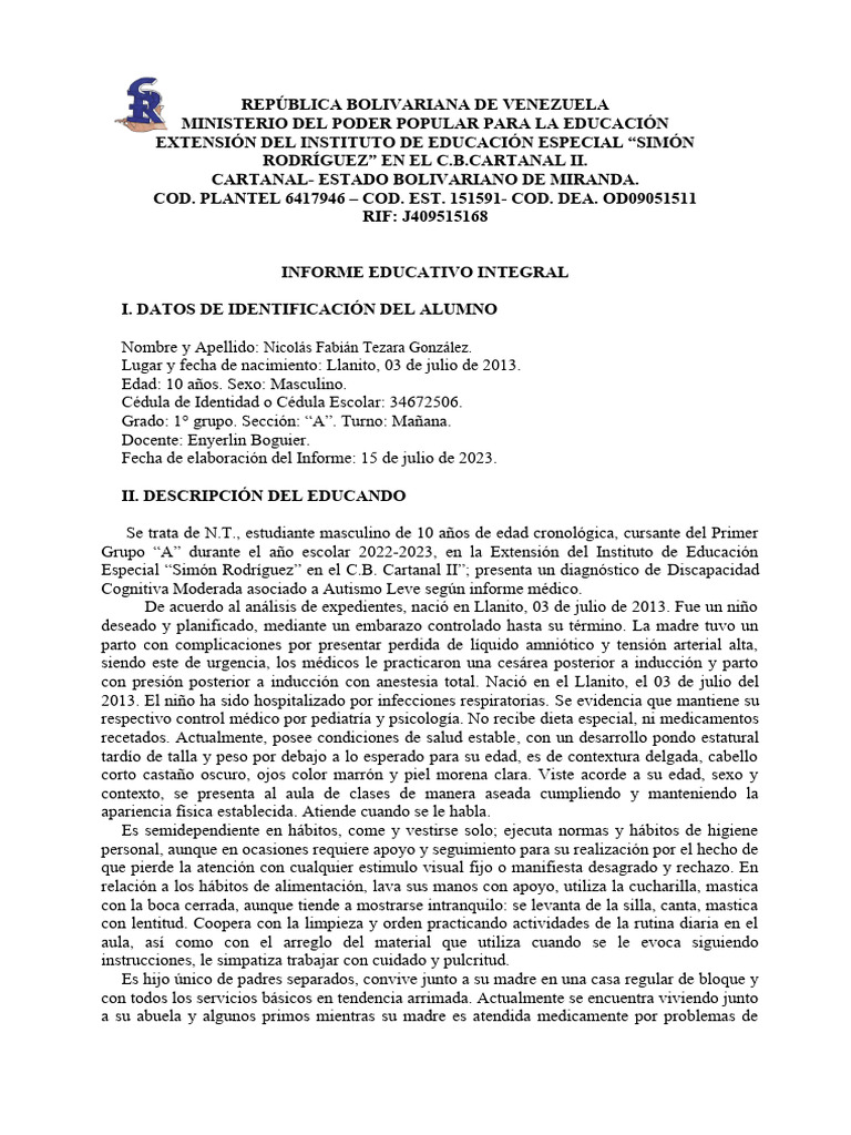 Informes Educativo Nicolas | PDF | Aprendizaje | Atención