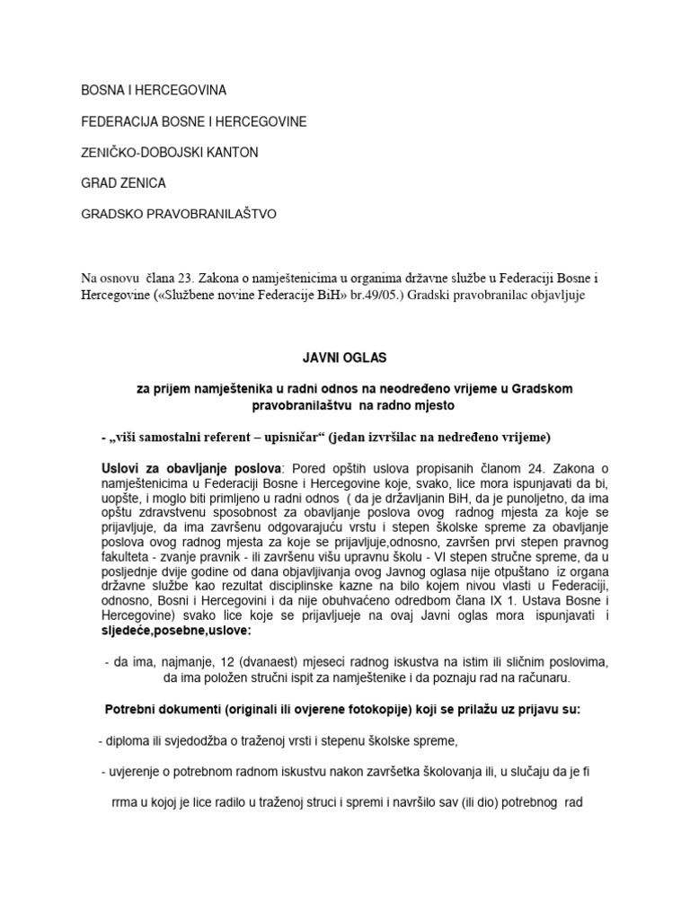 Tekst Javnog Oglasa Za Prijem Namjestenika U Gradsko Pravobranilastvo | PDF