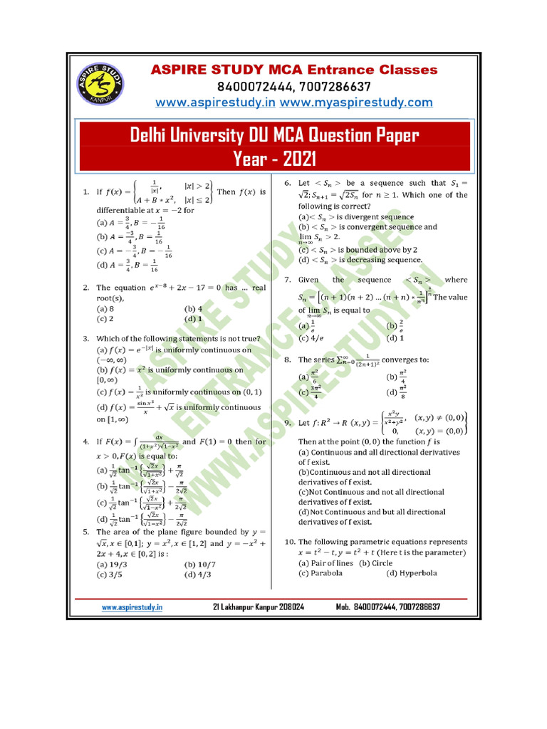 DU MCA 2021 Question Paper With Answer Key | PDF | Science ...