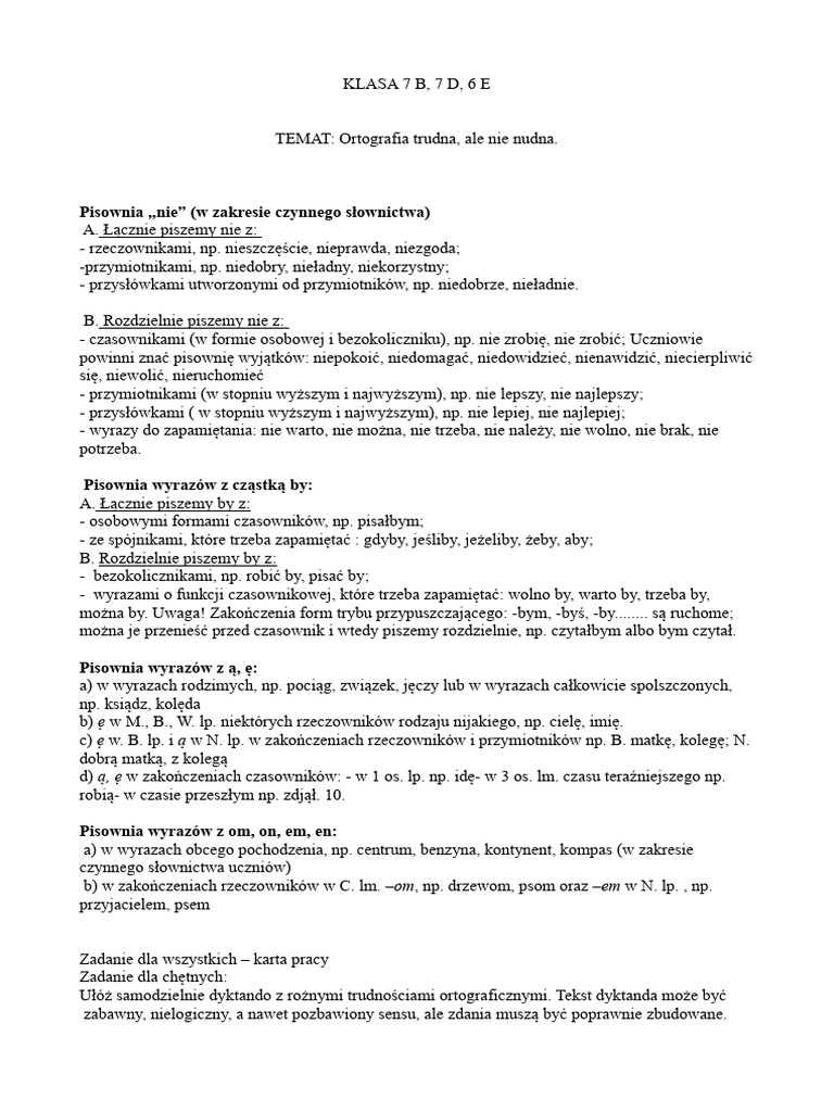 Dla Klasy 7b, 7d, 6e Język Polski | PDF