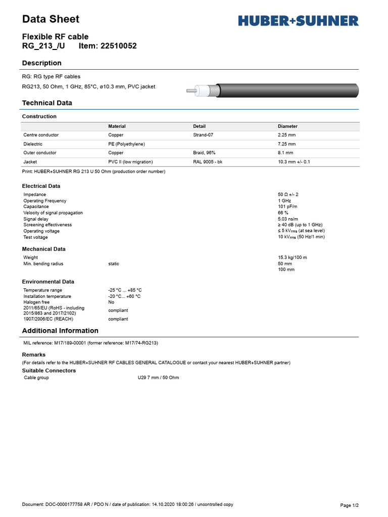 HUBER 2bSUHNER RG 213 U DataSheet-1489695 | PDF | Coaxial Cable | Electricity