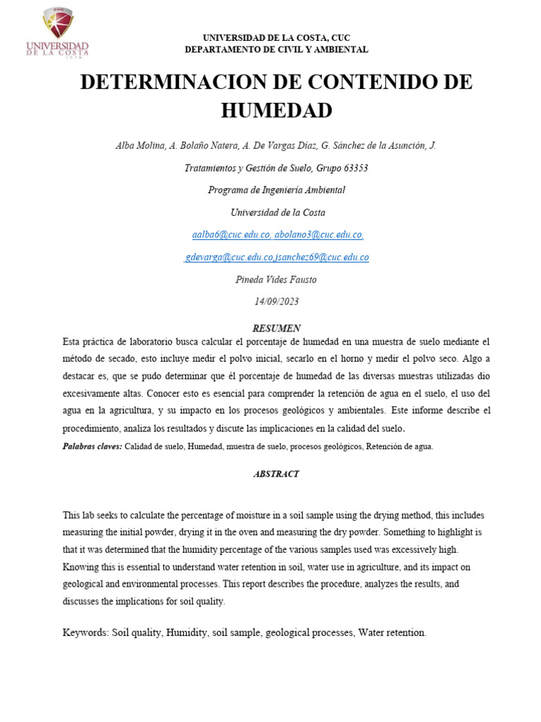 Informe de Determinación Del Contenido de Humedad.... | PDF