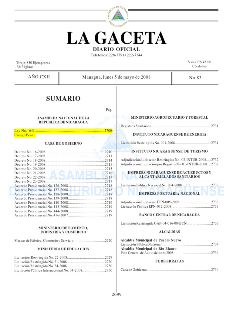 Poder Judicial República de Nicaragua. (2007) - Ley 641. Código Penal ...