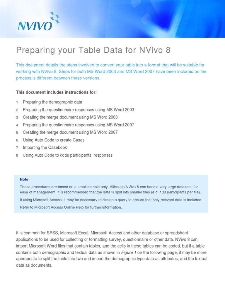 Preparing Your Table Data For Nvivo 8 Pdf Microsoft Excel Spreadsheet