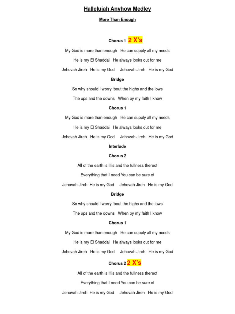 Hallelujah Anyhow Medley Lyrics | PDF
