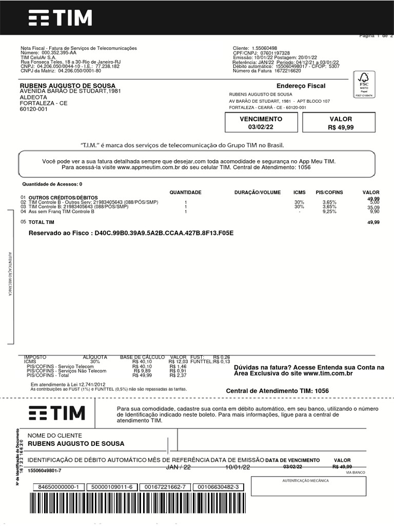 2a Via Fatura Tim | PDF | Pagamentos | Comércio