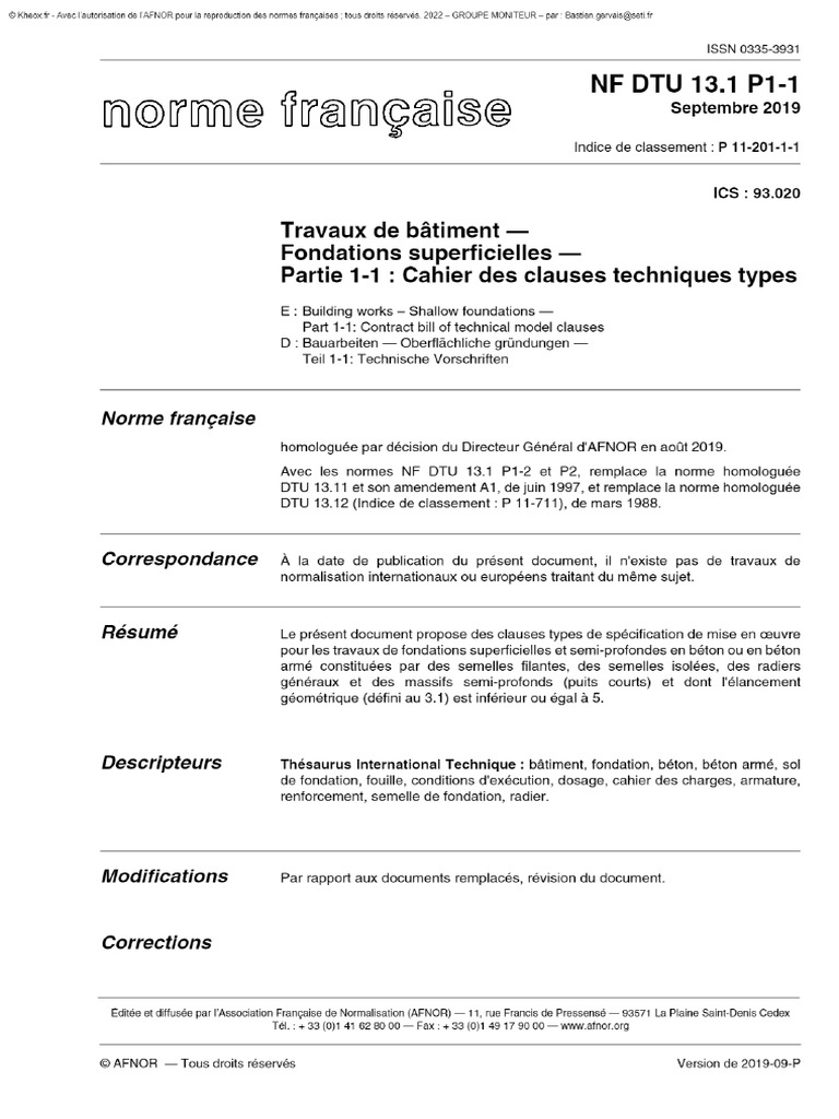 DTU 13.1 - Travaux de Bâtiment - Fondations Superficielles - Partie 1-1 - Cahier Des Clauses ...