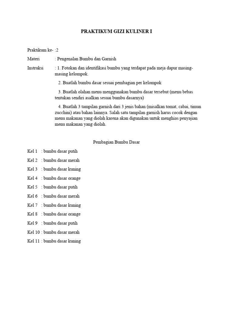 Instruksi Praktikum2 Gizi Kuliner I Salinan | PDF