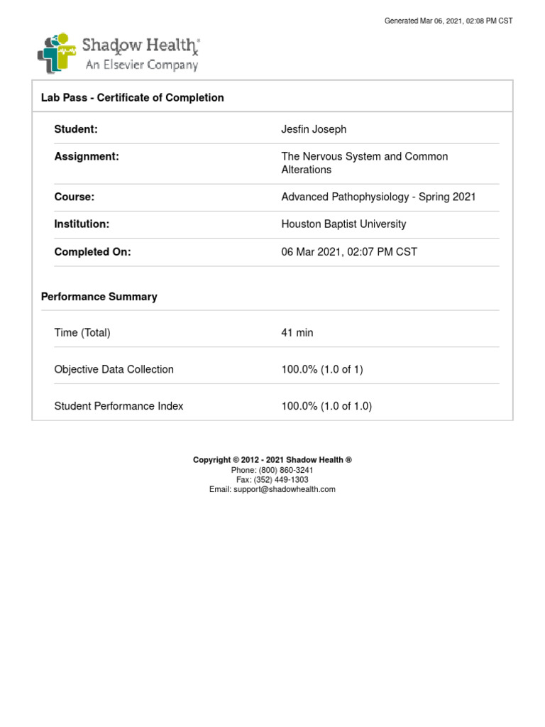 Nerous System and Common Alteration Shadow Health | PDF