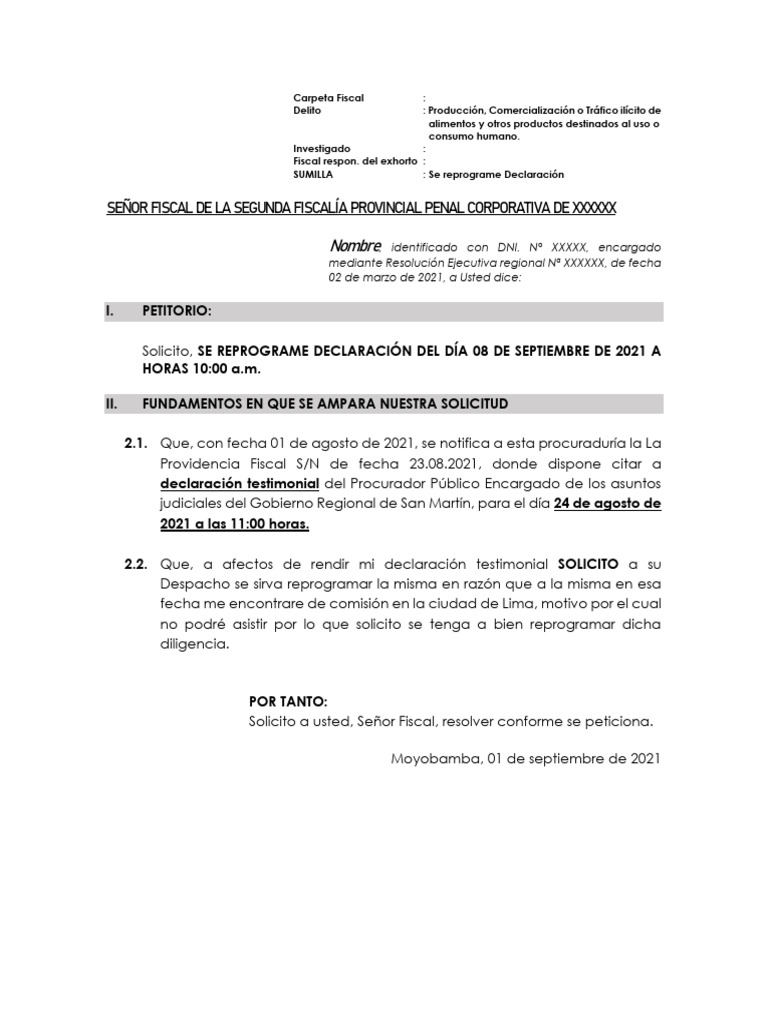 ESCRITO DE REPROGRAMACION CASO Su | PDF