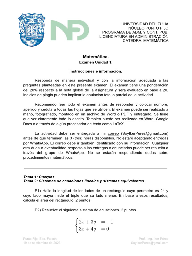 Matemática - Unidad 1 - Examen | PDF | Matriz (Matemáticas) | Determinante