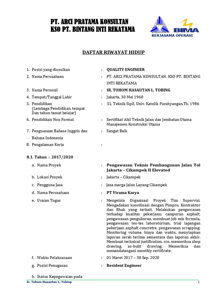 Daftar Riwayat Hidup Ir. Tohom Tobing | PDF