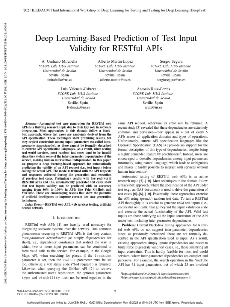 Deep Learning-Based Prediction of Test Input Validity For RESTful APIs ... Deep Learning-Based Prediction of Test Input Validity For RESTful APIs ...