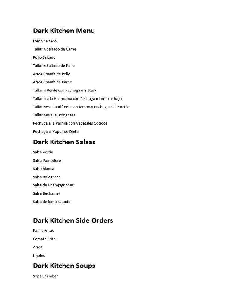 Menú de Dark Kitchen: Platos y Salsas | PDF