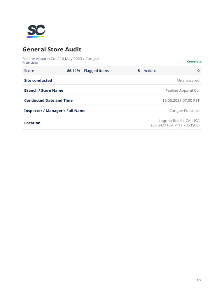 General Retail Store Audit Checklist Sample Report SafetyCulture | PDF