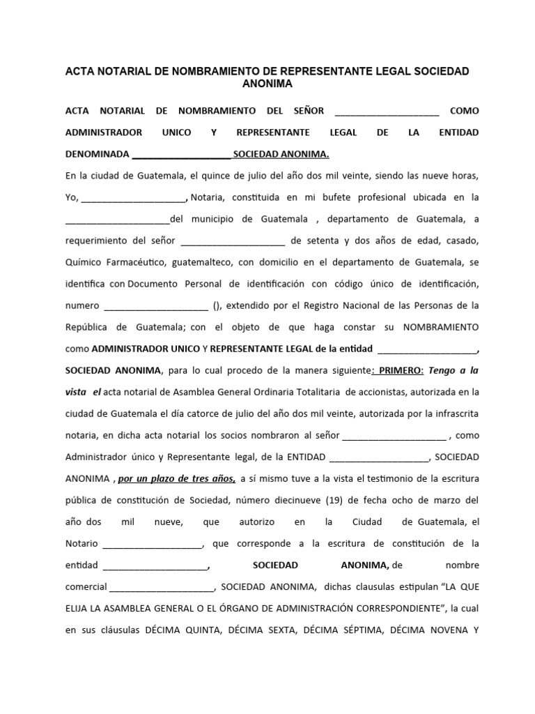 Acta Notarial de Nombramiento de Representante Legal Sociedad Anonima | PDF | Gobierno