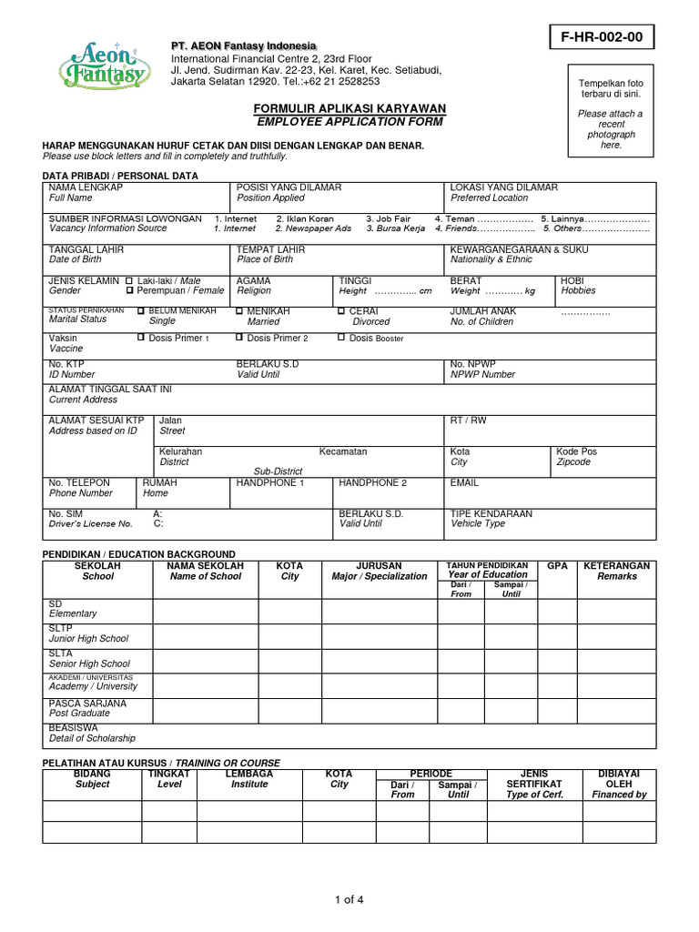 F-HR-002-00 - Employee Application Form AFI FY2022 | PDF