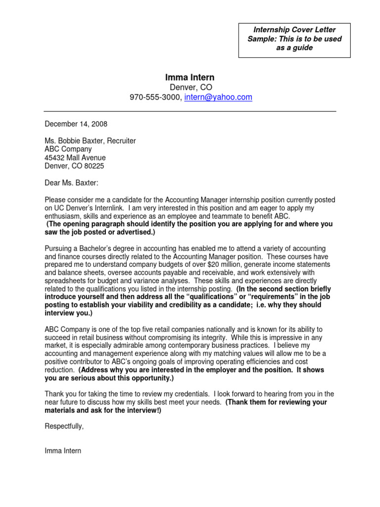 Internship Cover Letter Example | PDF | Internship | Job Hunting