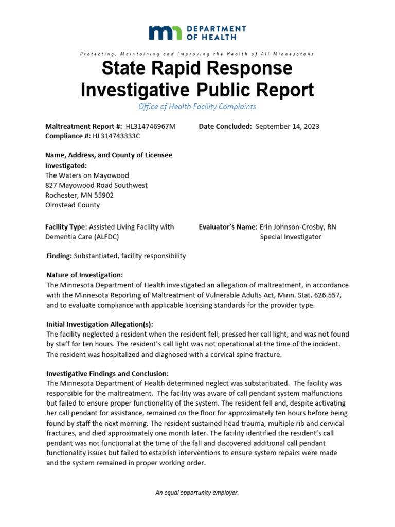 MDH State Rapid Response Investigative Public Report The Waters On ...