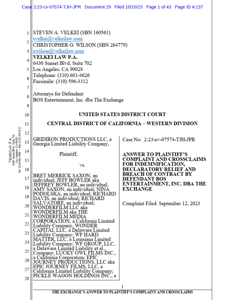BOS Entertainment v. Wonderfilm | PDF | Complaint | Knowledge