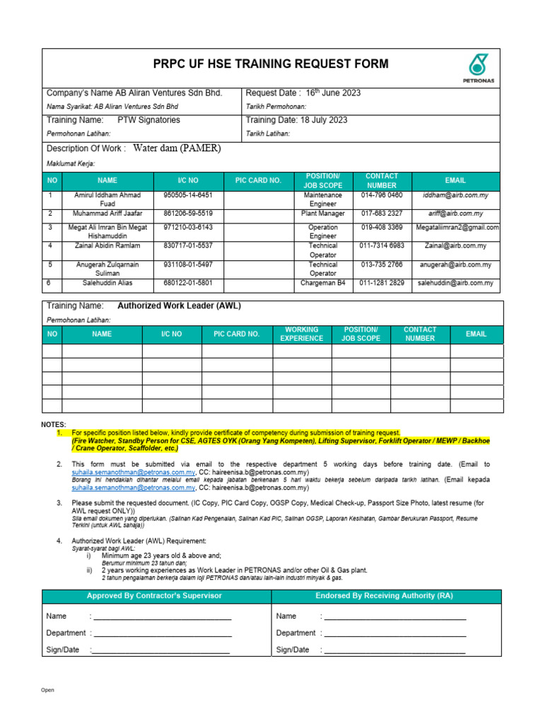 PRPC UF HSE Training Request Form | PDF