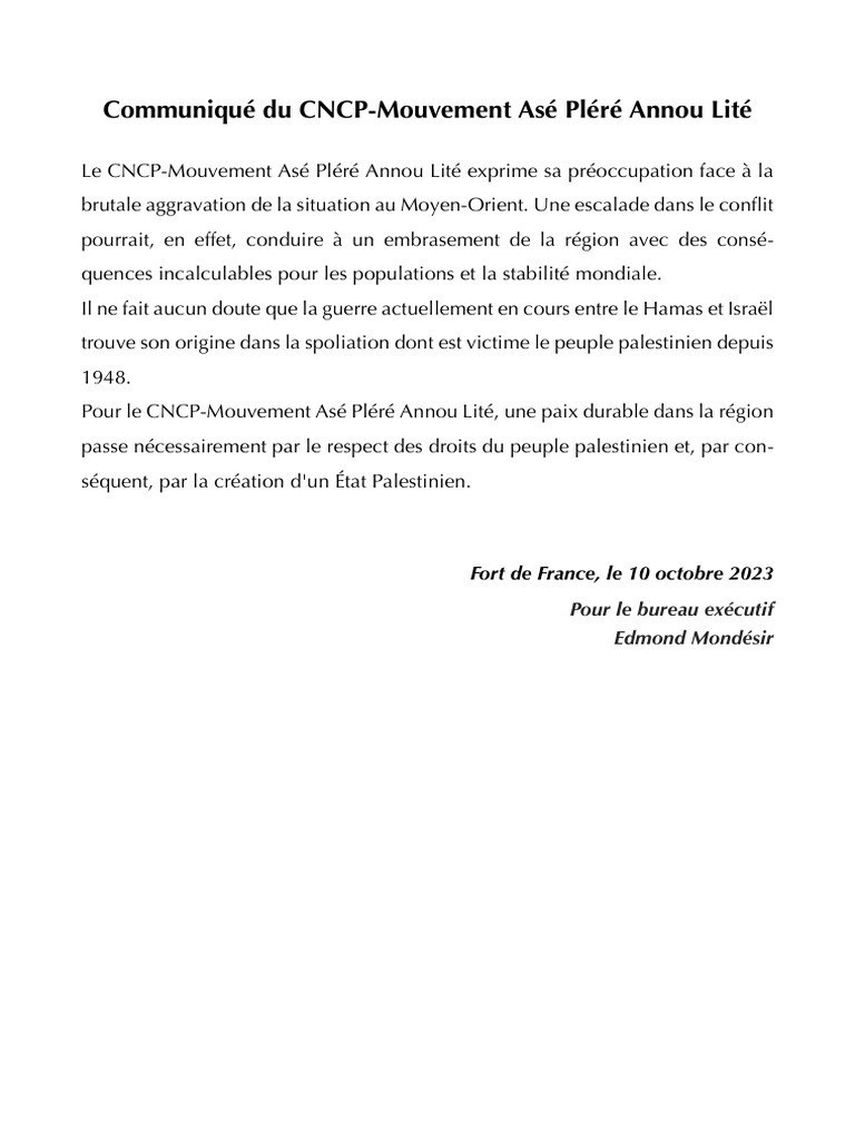 Communiqué Du CNCP-Mouvement Asé Pléré Annou Lité | PDF