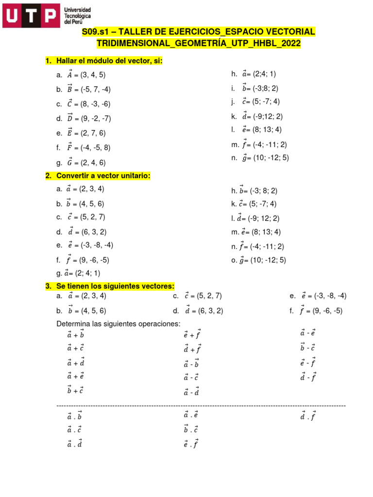 S09.s1 - TALLER DE EJERCICIOS - ESPACIO VECTORIAL TRIDIMENSIONAL - GEOMETRÍA - UTP - HHBL - 2022 ...