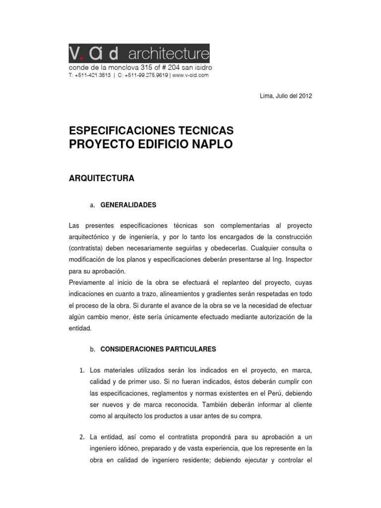 Especificaciones Edificio Naplo | PDF | Ladrillo | Hormigón