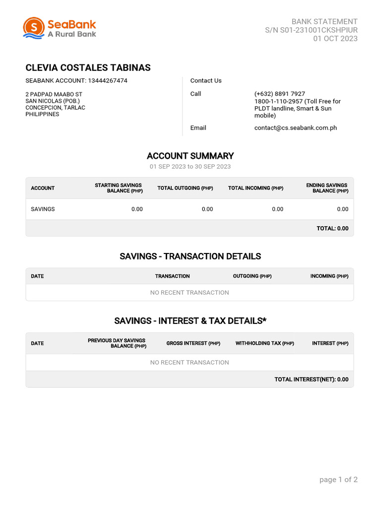 SeaBank Philippines Bank Statement Summary | PDF